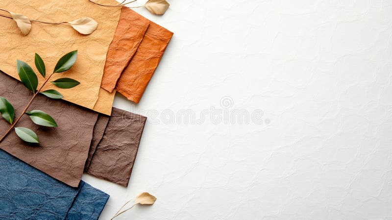 Textured Paper Sheets in Various Colors with Leaves on Light Surface ...