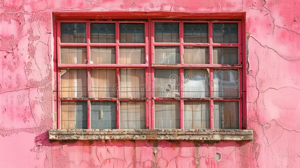 Textured Pink Window Grid with Weathered Frame in Urban Setting Stock ...