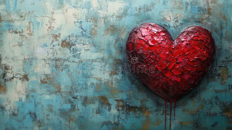 Textured Red Heart Dripping Paint on Grunge Blue Background Stock ...