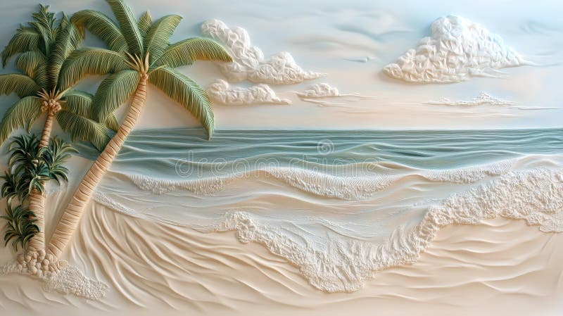 A Textured Relief Depicting a Serene Beach Scene with Palm Trees and ...