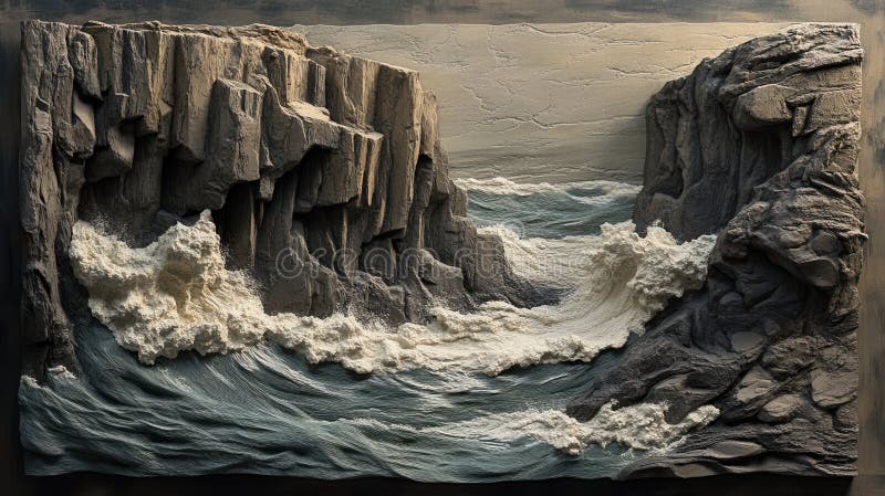 A Textured Relief Sculpture Depicting Crashing Waves Against Rocky ...