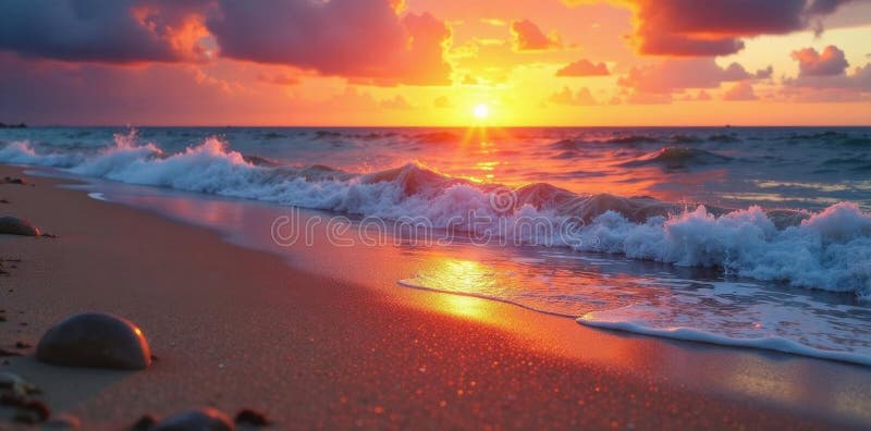 Textured Sand, Vibrant Sunset Hues Reflected in Breaking Waves , Foam ...