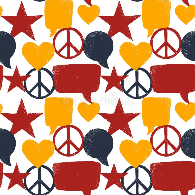 Textured Seamless Pattern with Stars, Peace Sign and Hearts. Vector ...