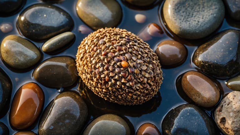 Serene Spa Decor: Oval Seed Pod on Smooth River Rocks Stock ...