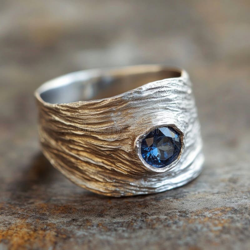 Rustic Silver Ring with Blue Sapphire on Textured Surface Stock Photo ...