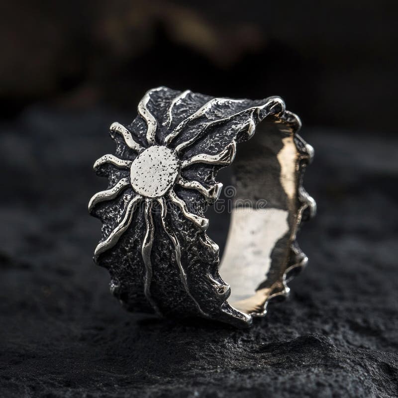 Textured Silver Ring with Sun Design on Black Rock Background Stock ...