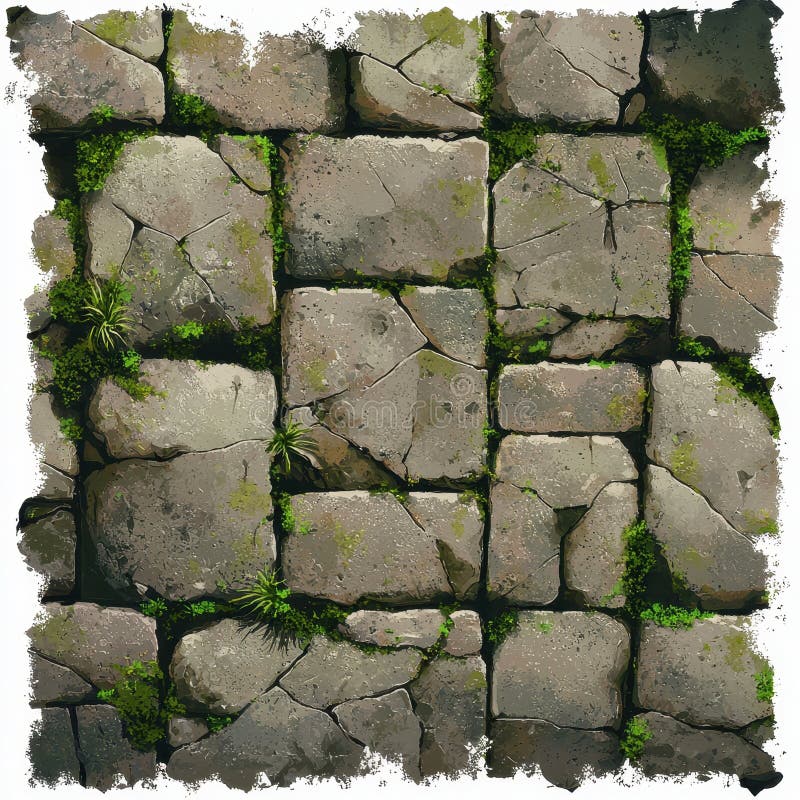 Textured Stone Path with Green Moss and Grass Accents, Close-up View of ...