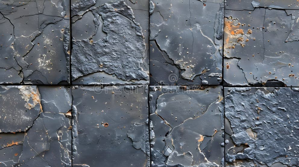 A Textured Surface of Dark, Weathered Tiles with Cracks and Rust Spots ...