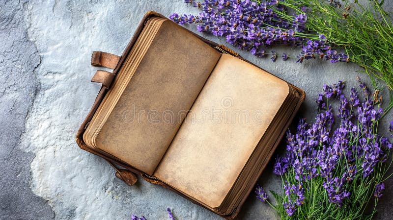 On a Textured Surface, an Open Book is Decorated with Lavender and ...