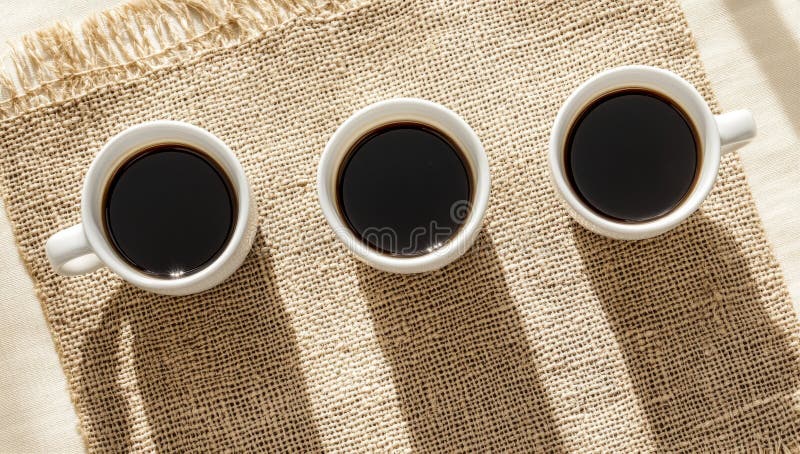 A Textured Surface Supports Three Mugs of Coffee that are in Sunlight ...