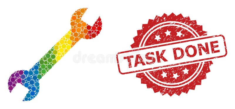 Textured Task Done Stamp Seal and Bright Colored Wrench Collage Stock ...