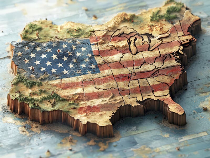 Textured USA Map with Striped Flag Design and Geographical Elements ...