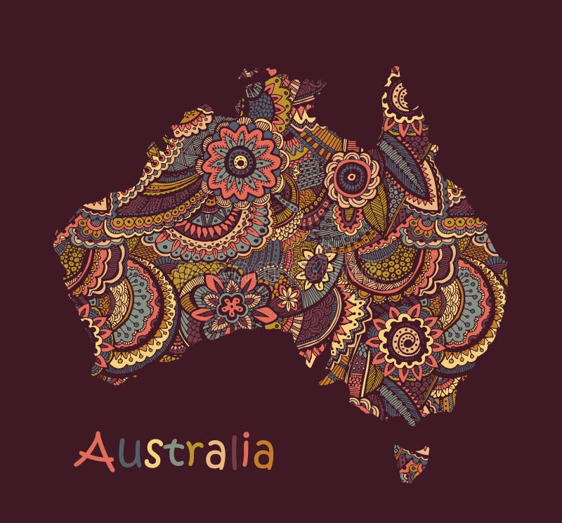 Textured Vector Map of Australia. Hand Drawn Ethno Pattern, Tribal ...