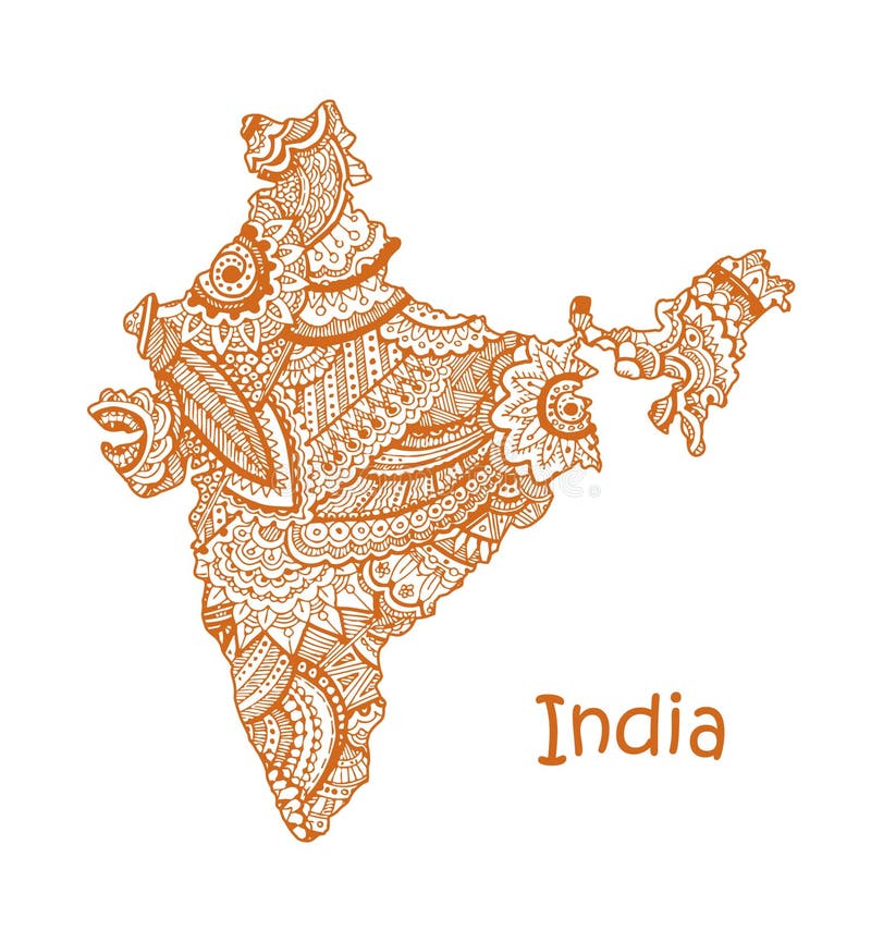 Textured Vector Map of India. Hand Drawn Ethno Pattern, Tribal ...