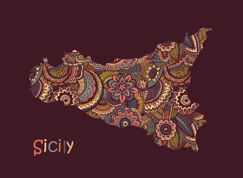 Textured Vector Map of Sicily. Hand Drawn Ethno Pattern Stock Vector ...