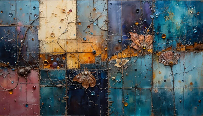 A Textured Wall Composed of Ceramic-like Tiles in Blue, Rust, and Ochre ...