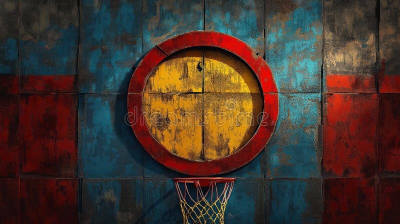 Textured Wall Displays Circular Basketball Hoop Design. Red Blue ...