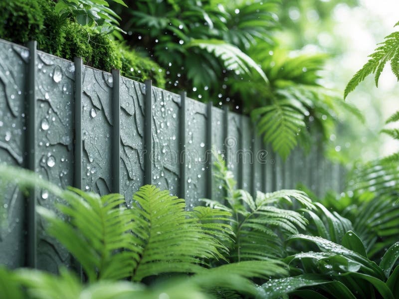 Textured Waterfall Inspired Fence Design in Lush Greenery Setting Stock ...