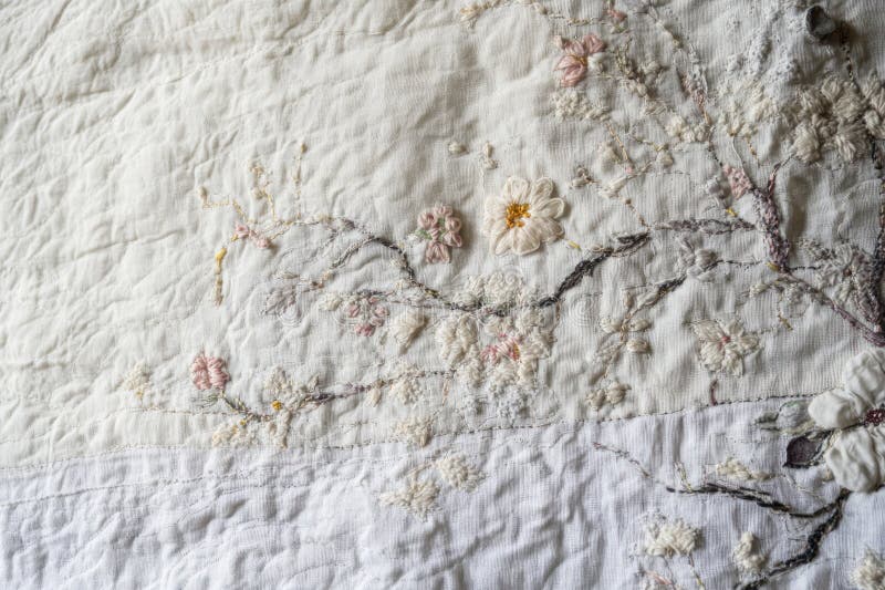 Textured White Fabric with Embroidery, Featuring Detailed Handwork with ...