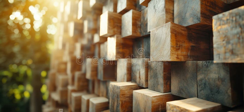 Textured Wooden Wall with 3D Cube Patterns Illuminated by Soft Sunlight ...