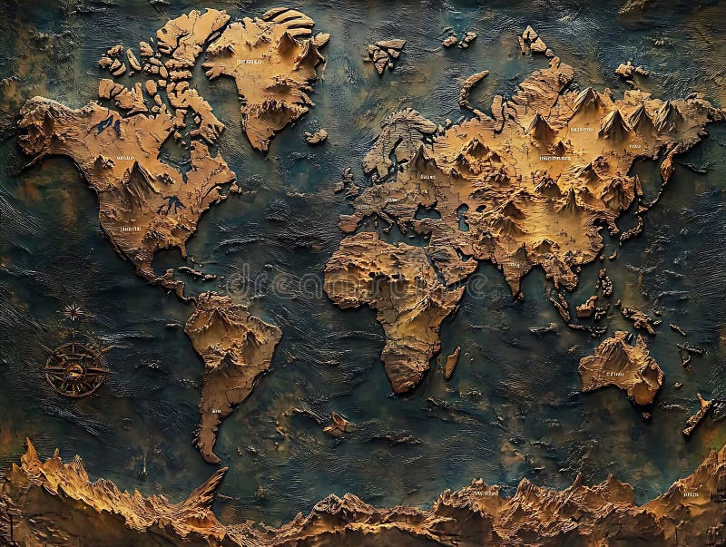 Textured World Map with Embossed Continents, Artistic Design Stock ...