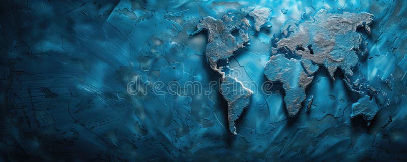 Textured World Map with Metallic Continents on Abstract Blue Background ...