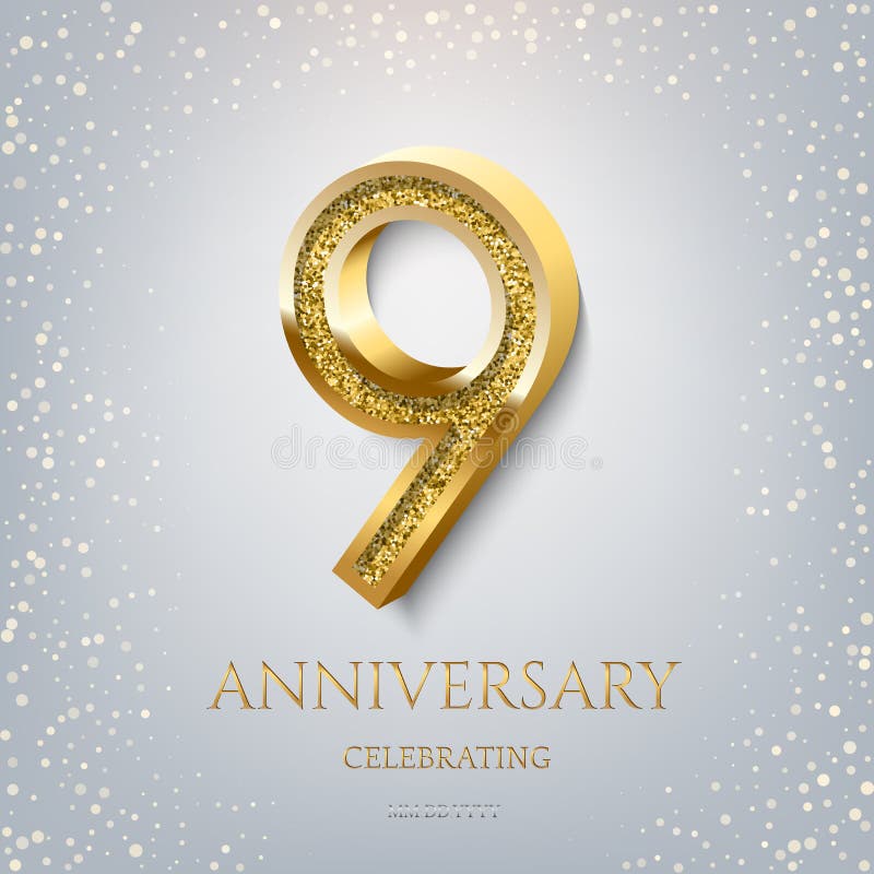 9th Anniversary Celebrating Golden Text and Confetti on Light Blue ...