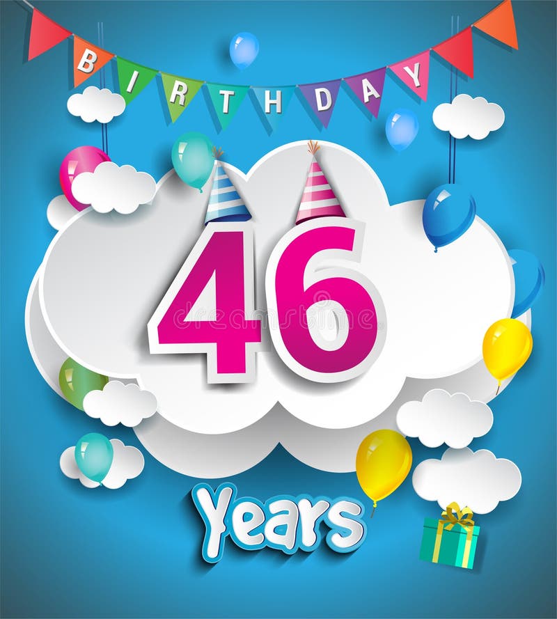 46th Birthday Celebration Greeting Card Design, with Clouds and ...