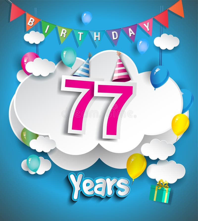 77th Anniversary Celebration Design, with Clouds and Balloons, Confetti ...