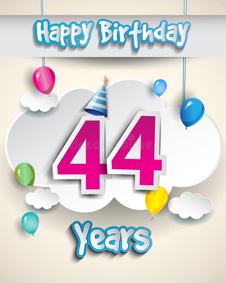 44th Anniversary Celebration Design, with Clouds and Balloons, Confetti ...