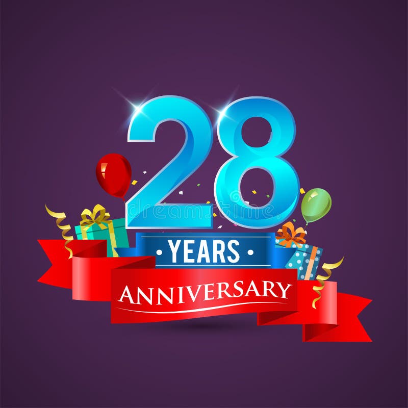 28th Anniversary Celebration Logo, with Gift Box and Balloons, Red ...