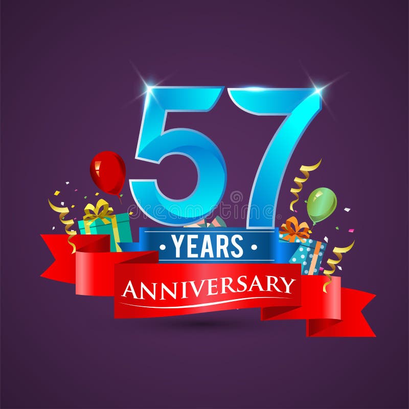 57th Anniversary Logo with Golden Ring, Balloons and Red Ribbon. Vector ...