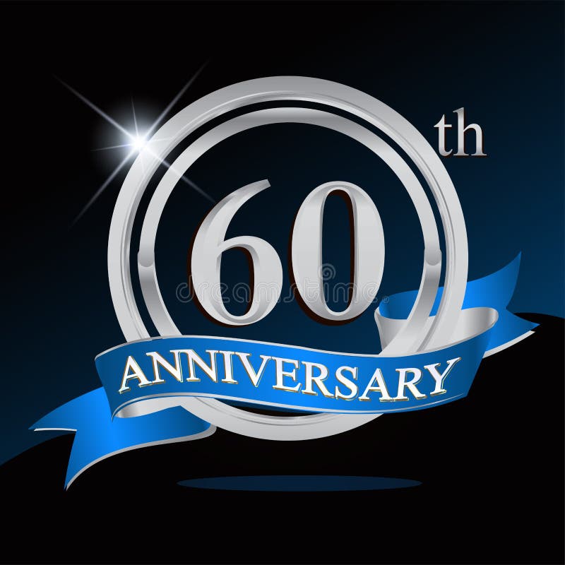 60th Anniversary Logo with Blue Ribbon and Silver Ring, Vector Template ...