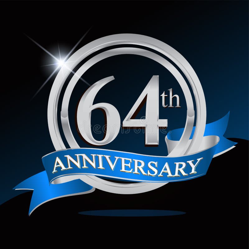 64th Anniversary Logo with Blue Ribbon and Silver Ring, Vector Template ...