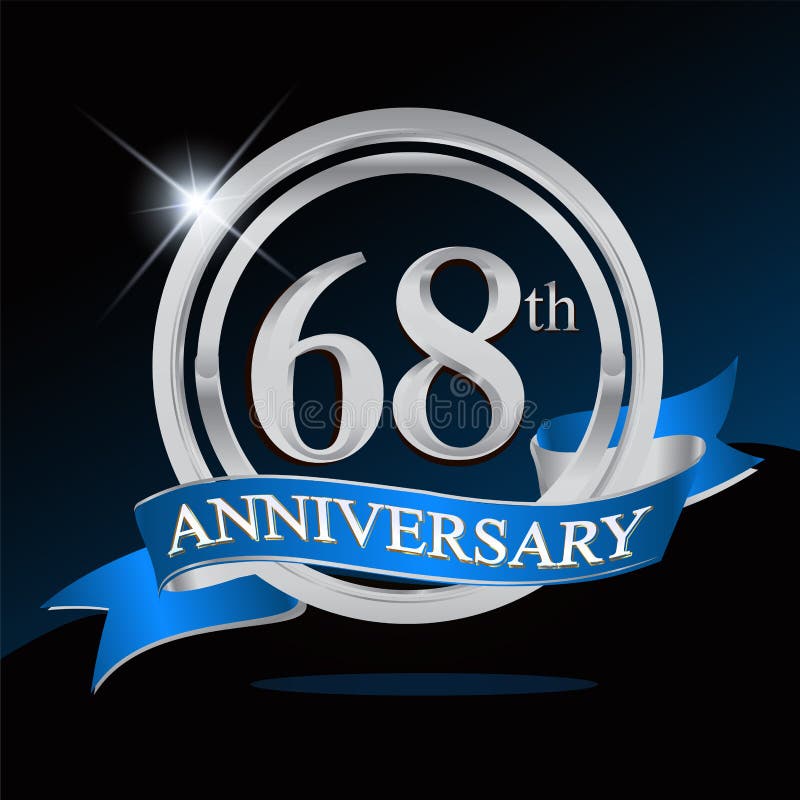 68th Anniversary Logo with Blue Ribbon and Silver Ring, Vector Template ...