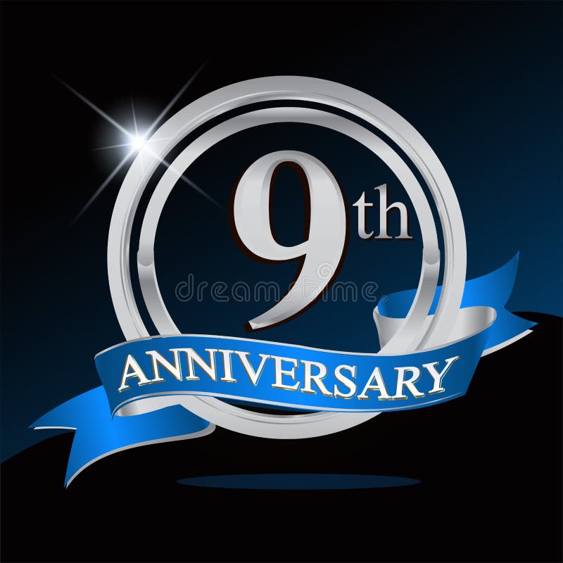 9th Anniversary Logo with Blue Ribbon and Silver Ring, Vector Template ...