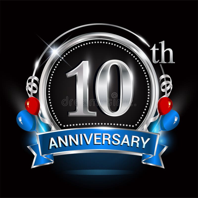 10th Birthday Logo with Silver Ring and Blue Ribbon, Vector Design ...
