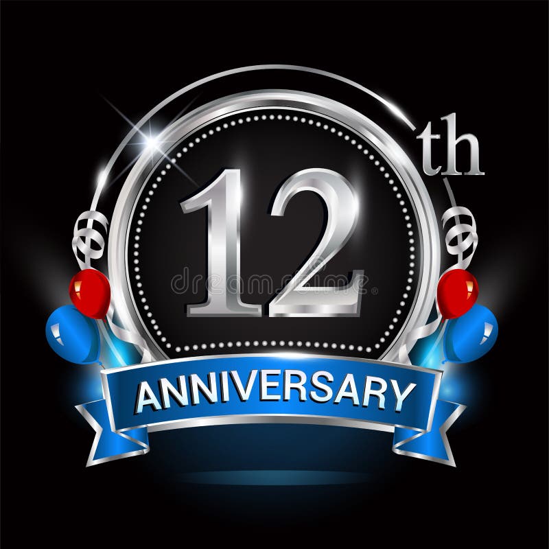 12th Anniversary Logo with Silver Ring, Balloons and Blue Ribbon ...