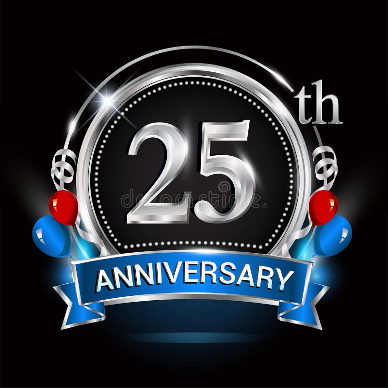 25th Anniversary Logo with Blue Ribbon and Silver Ring, Vector Template ...