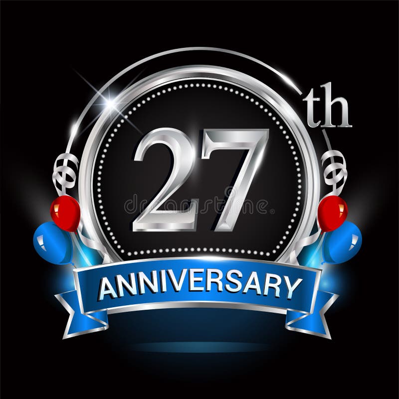 27th Anniversary Logo with Blue Ribbon and Silver Ring, Vector Template ...