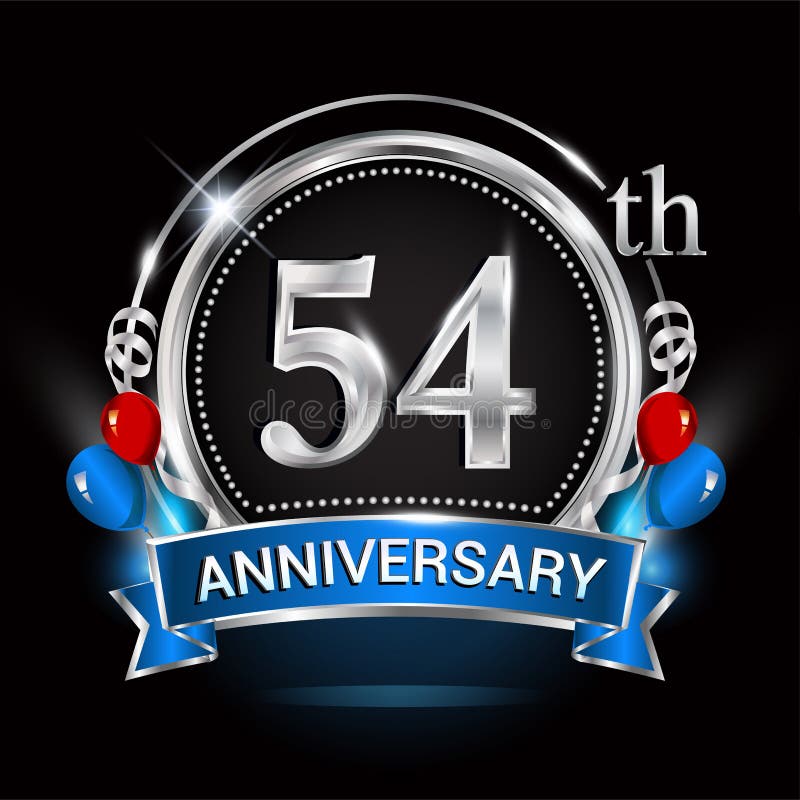 54th Birthday Logo With Silver Ring And Blue Ribbon, Vector Design ...