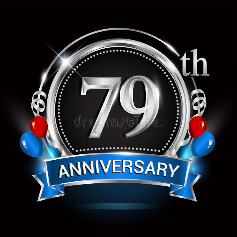 79th Birthday Logo With Silver Ring And Blue Ribbon, Vector Design ...