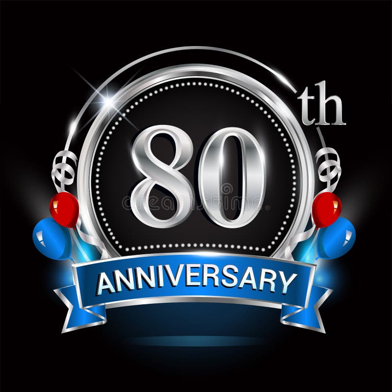 80th Anniversary Logo with Silver Ring, Balloons and Blue Ribbon ...