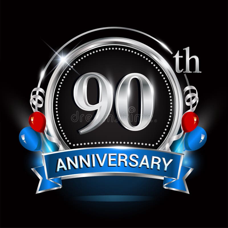 90th Birthday Logo with Silver Ring and Blue Ribbon, Vector Design ...