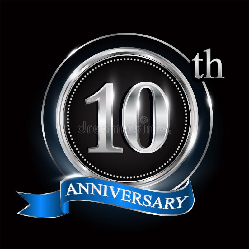 10th Anniversary Logo with Blue Ribbon and Silver Ring, Vector Template ...