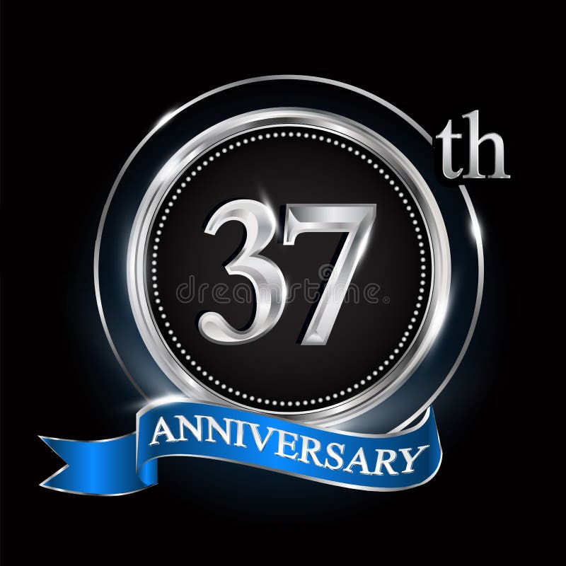 37th Anniversary Logo with Blue Ribbon and Silver Ring, Vector Template ...