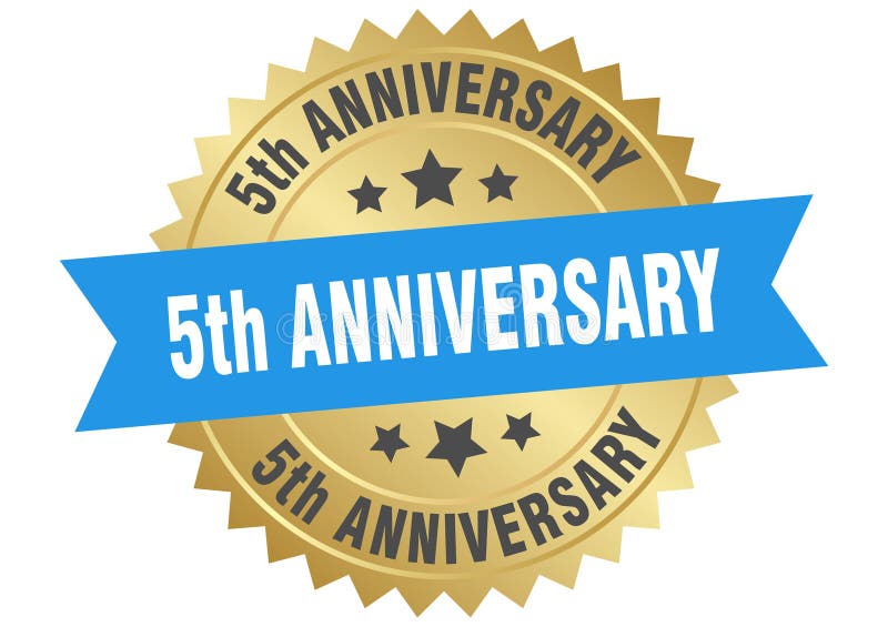 5th Anniversary. 5th Anniversary Round Blue and Gold Label Isolated on ...