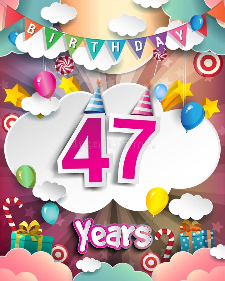 47th Birthday Celebration Greeting Card Design, with Clouds and ...