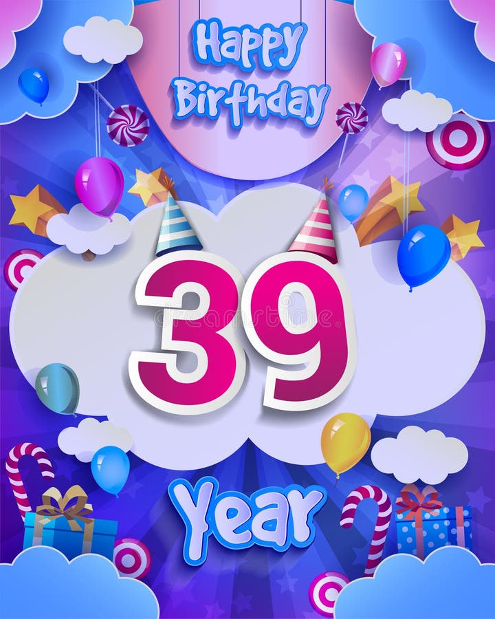 39th Birthday Celebration Greeting Card Design, with Clouds and ...