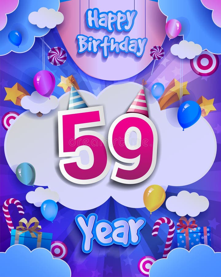 59th Birthday Celebration Greeting Card Design, with Clouds and ...